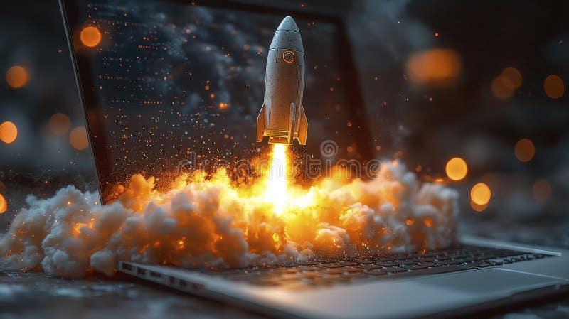 Rocket Launching from Laptop Screen in Flames Stock Illustration ... Rocket Launching from Laptop Screen in Flames Stock Illustration ...