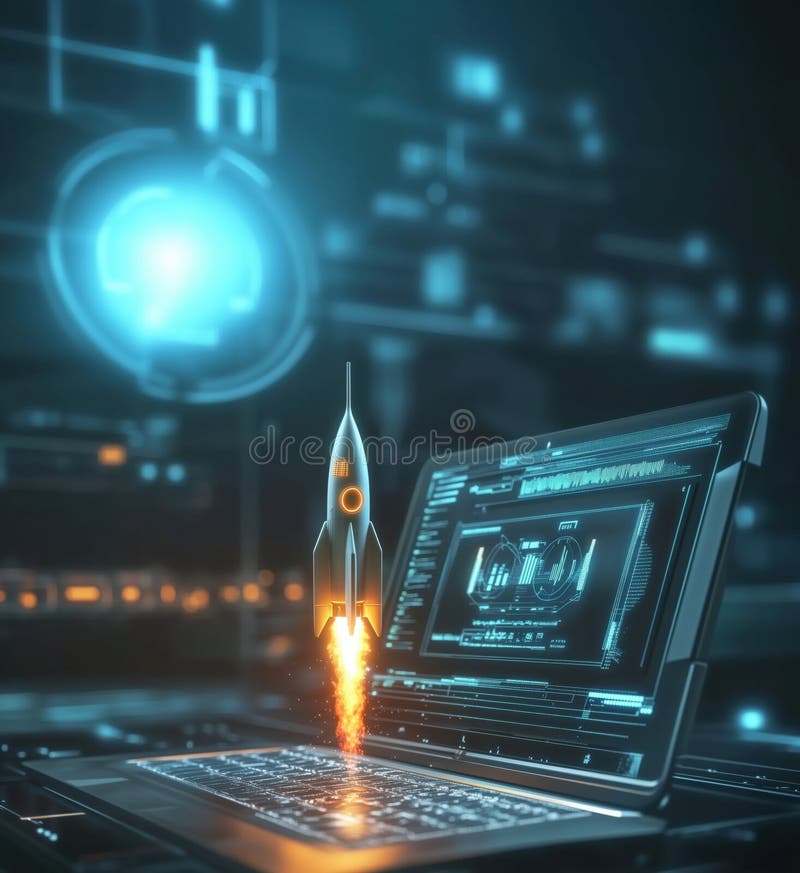 Rocket Launching from Laptop in a Futuristic Digital Scene Stock Photo ...