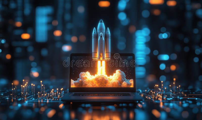 Rocket Launching from Laptop Screen in Futuristic Digital Environment ...