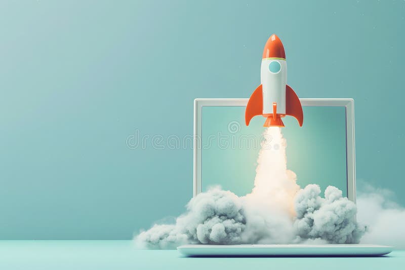 Rocket Launching from Laptop Screen on Light Blue Background Stock ...