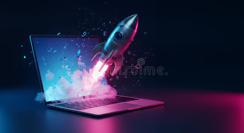 Rocket Launching from Laptop Screen in Neon Light for Startup Concept ...