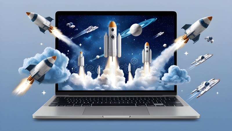 Rocket Launching from Laptop Screen with Outer Space Background Stock ...