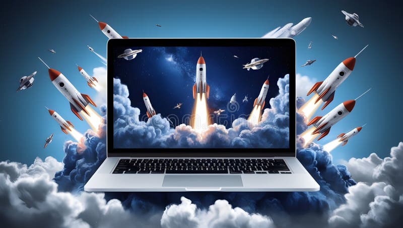Rocket Launching from Laptop Screen with Outer Space Background Stock ...