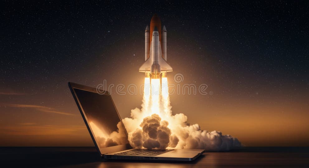 Rocket Launching from Laptop Screen Represents Innovation and ...