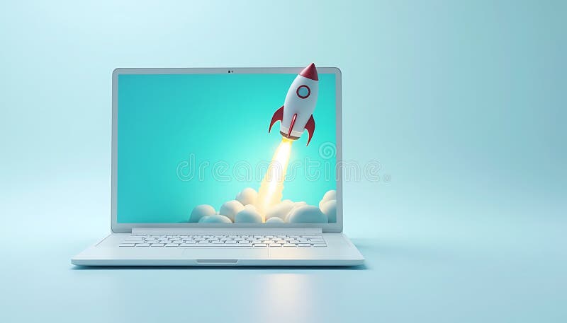 Rocket Launching from Laptop Screen Represents Startup Success and ...