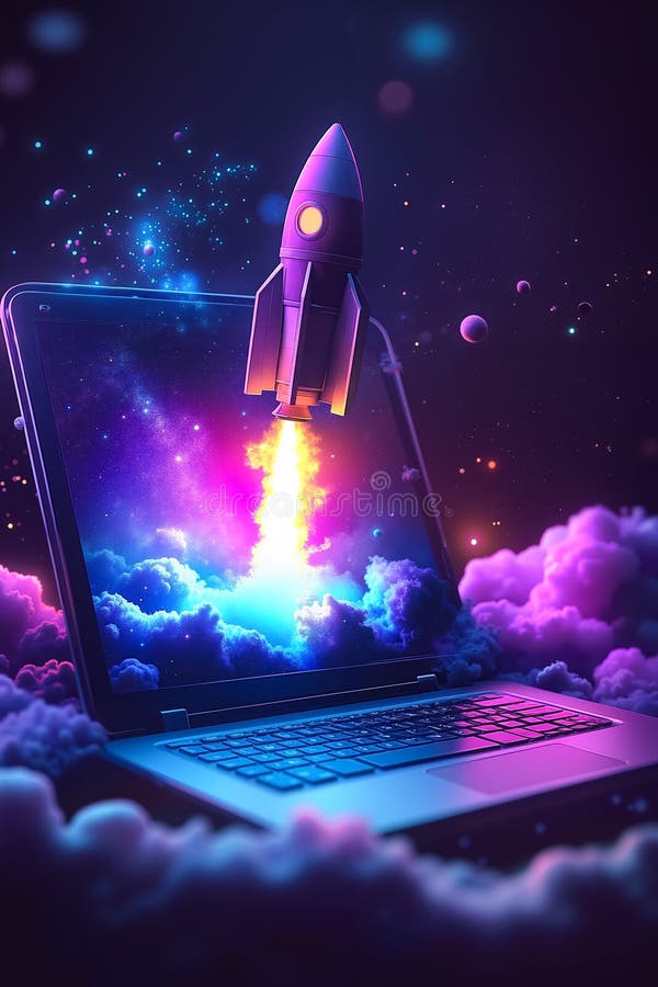 A Laptop Computer with a Rocket Coming Out of the Screen Stock ...