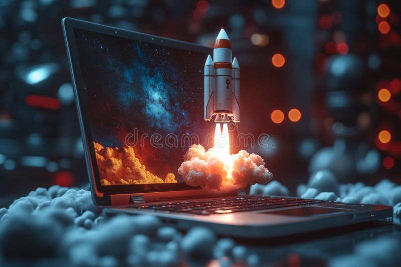 Rocket Launching from Laptop Screen with Smoke and Fire. Generated by ...