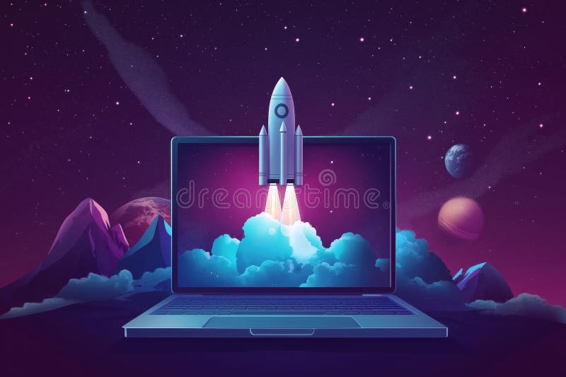Rocket Launching from Laptop Screen into Space Stock Photo - Image of ... Rocket Launching from Laptop Screen into Space Stock Photo - Image of ...
