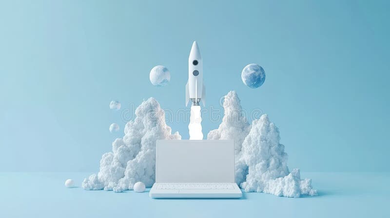 Rocket Launching from Laptop Screen Surrounded by Clouds and Planets ... Rocket Launching from Laptop Screen Surrounded by Clouds and Planets ...