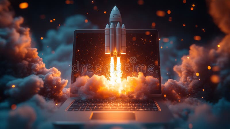 Rocket Launching from Laptop Screen Surrounded by Smoke and Fire ...