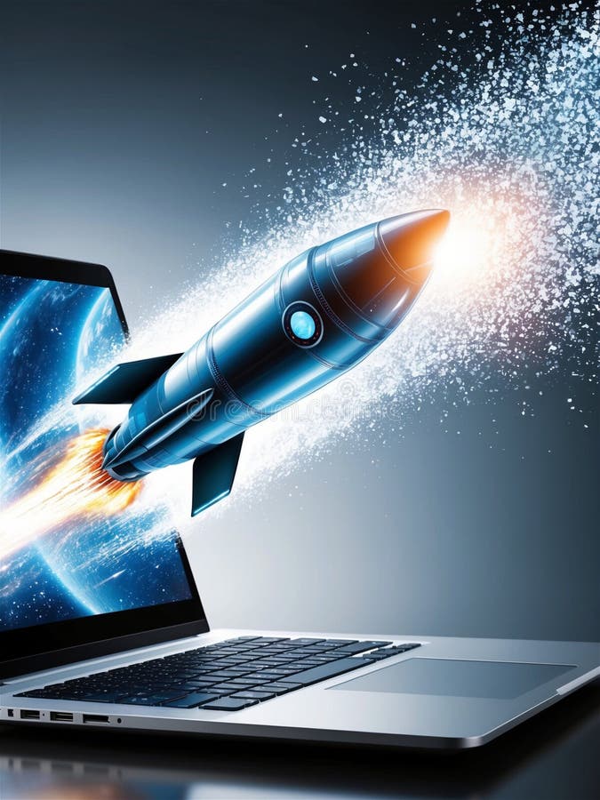 Rocket Launching from Laptop Screen, Symbolizing Digital Innovation and ...