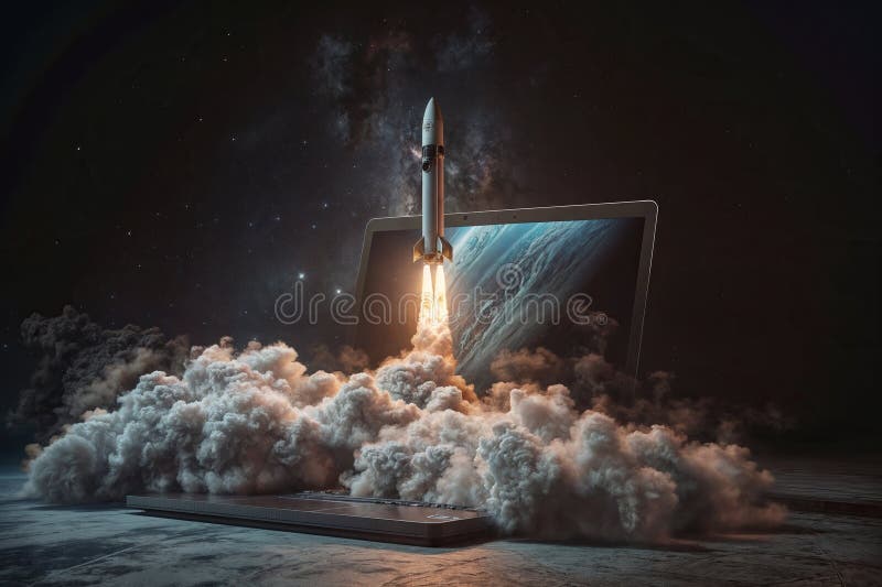 Rocket Launching from Laptop Screen in a Digital Innovation Concept ...