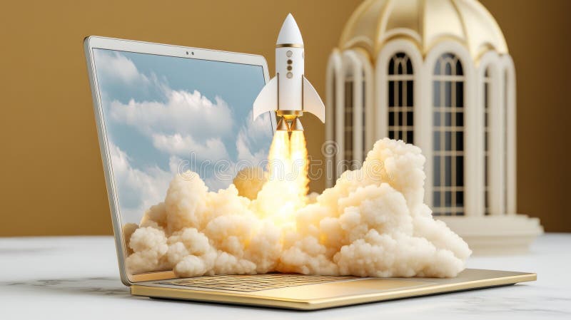 Rocket Launching from a Laptop Screen, Symbolizing Innovation and ...
