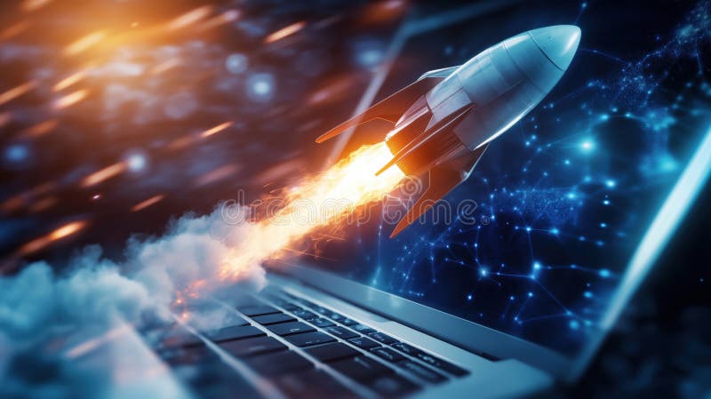 Rocket Launching from Laptop Screen, Symbolizing Technology and ... Rocket Launching from Laptop Screen, Symbolizing Technology and ...