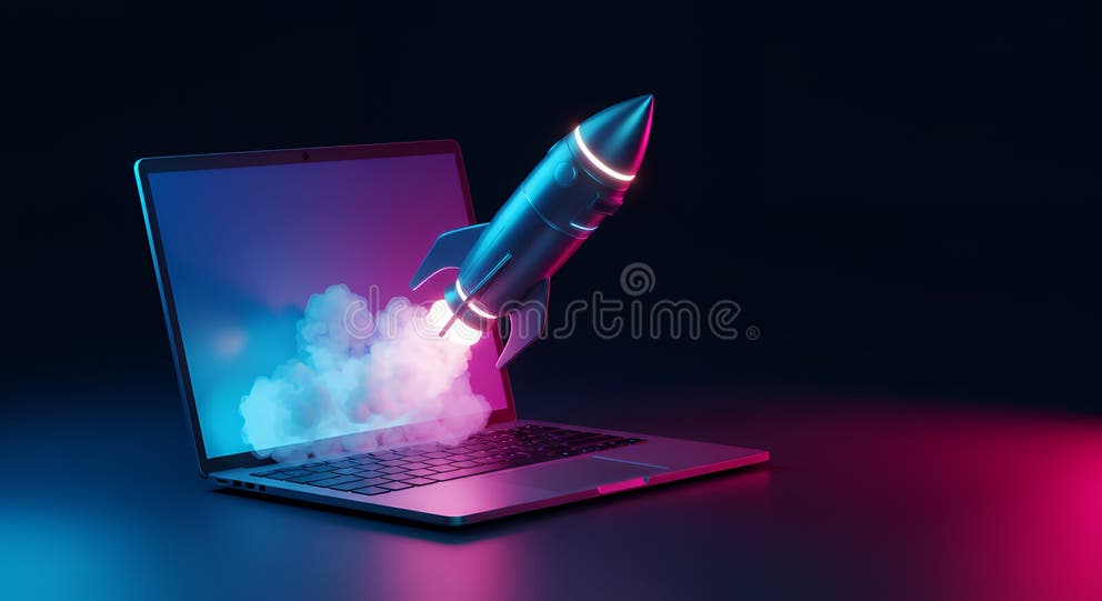 Rocket Launching from Laptop Screen Symbolizing Technology Startup ...