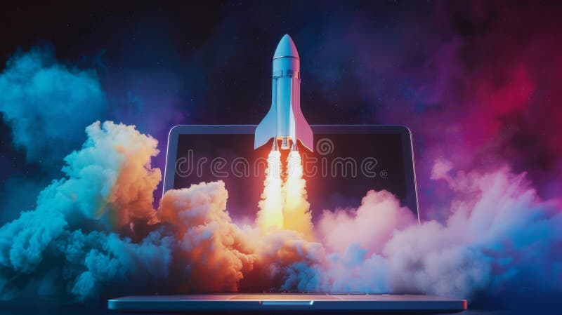 Rocket Launching from Laptop Screen, Vibrant Smoke, Technology Concept ...