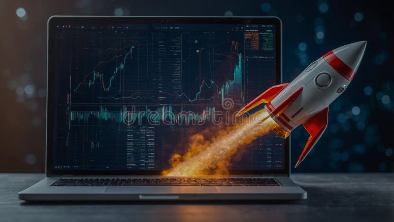 Rocket Launching from Laptop Showing Stock Chart Stock Illustration ...