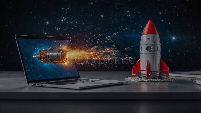 Rocket Launching from Laptop in Space Setting Stock Illustration ...