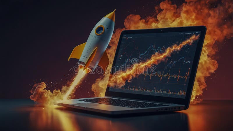 Rocket Launching from Laptop with Stock Data Stock Illustration ...