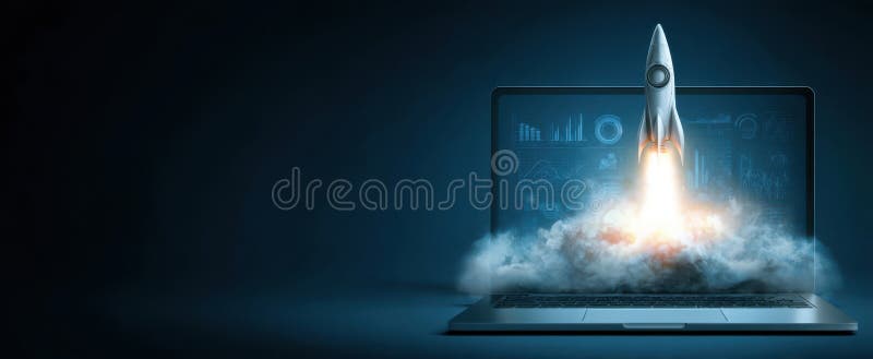 The Rocket Launching from a Laptop Surrounded by Clouds and Data ...
