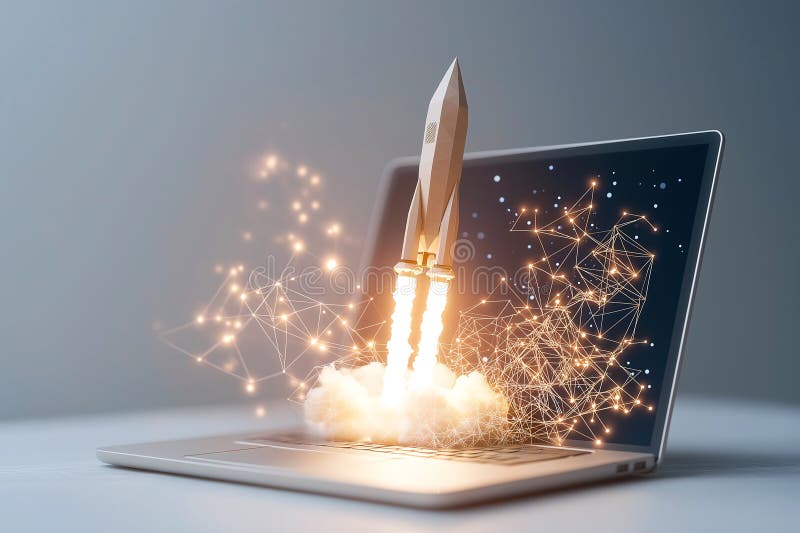 Rocket Launching from Laptop Symbolizes Innovation and Technology Scene ...