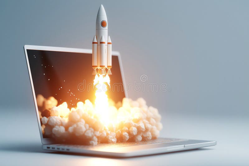Rocket Launching from Laptop Symbolizes Innovation and Technology Scene ...