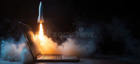 Rocket Launching from Laptop, Symbolizing Technology and Innovation ...