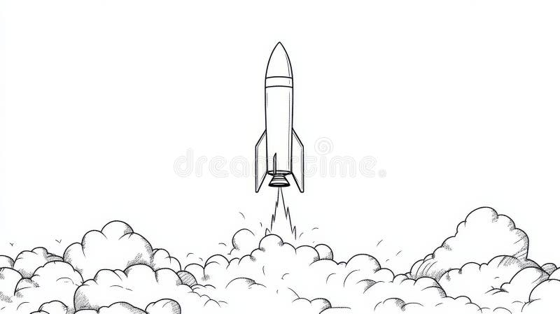 Rocket Launching Leaving Smoke through Clouds in Black and White Hand ...