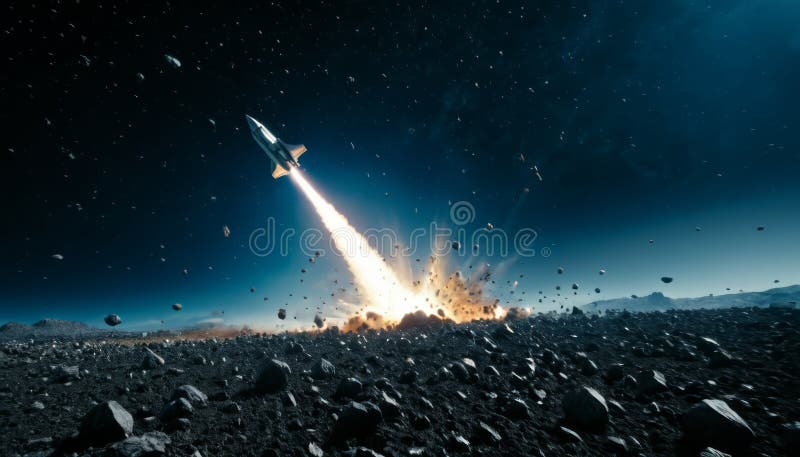Rocket Launching from Lunar Surface with Cosmic Backdrop Stock Image ...