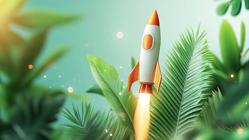 Rocket Launching from Lush Green Leaves. Concept of Eco Friendly ...