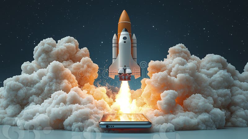 Rocket Launching from Mobile Device in Outer Space Stock Illustration ...
