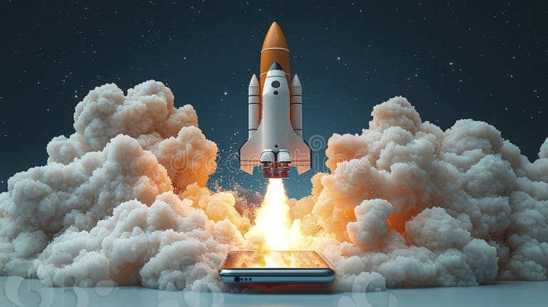 Rocket Launching from Mobile Device in Outer Space Stock Illustration ...