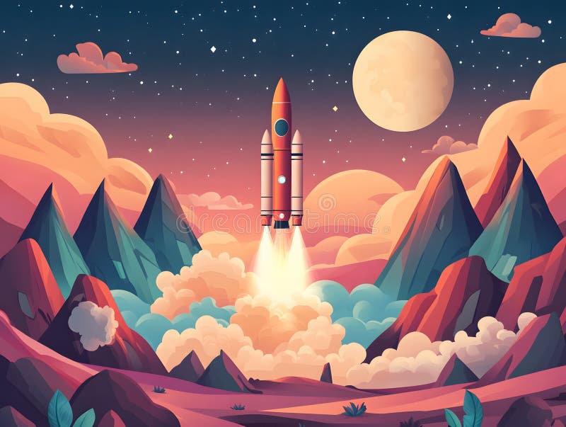 Rocket Launching from Mountainous Landscape at Night Royalty Free Image ...