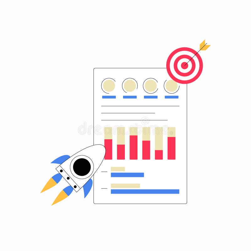 Rocket Launching Next To Bar Chart and Target in Flat Vector ...