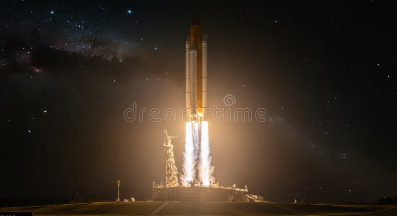 Rocket Launching at Night with Bright Flames and Milky Way Backdrop ...