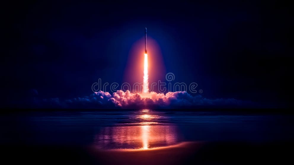 Rocket Launching at Night from Coastal Launchpad with Clouds and Fire ...