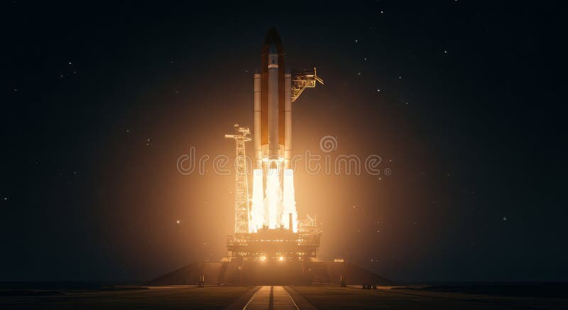 Rocket Launching at Night with Dramatic Flames and Starry Sky Stock ...