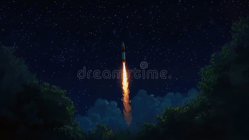 Rocket Launching at Night, Fiery Trail Ascending through Dark Sky Above ...