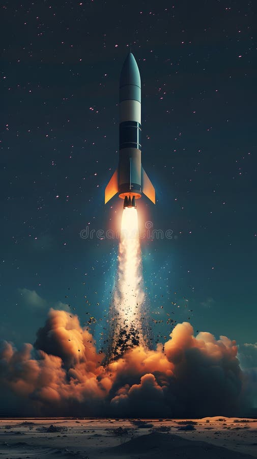 A Rocket Launching at Night, Its Fiery Exhaust Illuminating the Sky ...