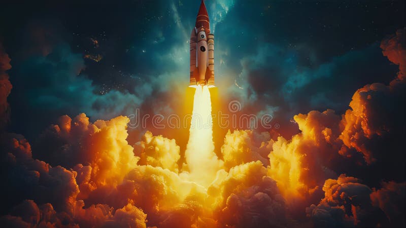 Rocket Launching into a Night Sky, Surrounded by Vibrant Clouds and Stars. Concept of Space ...