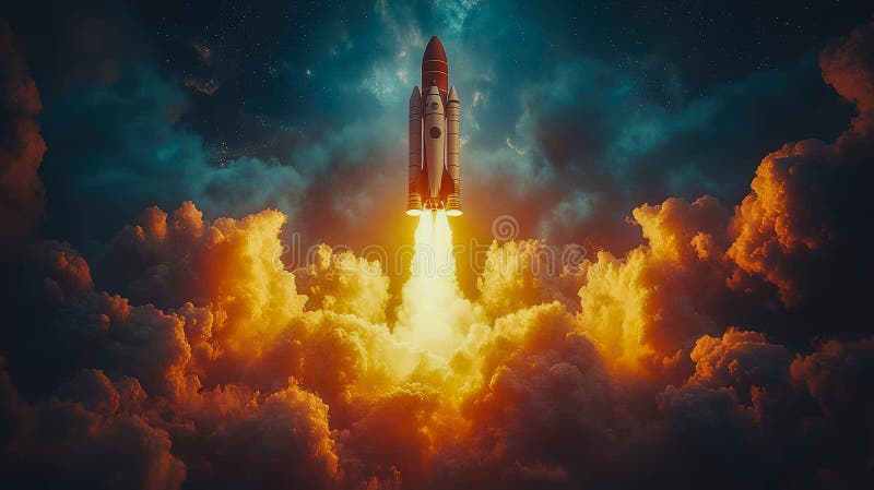 Rocket Launching into a Night Sky, Surrounded by Vibrant Clouds and ...