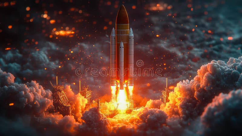 Rocket Launching into a Night Sky, Surrounded by Vibrant Clouds and ...