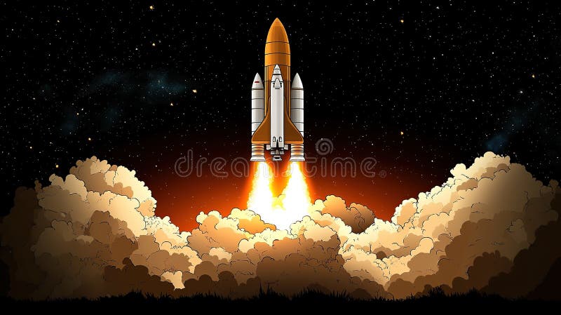 Rocket Launching into the Night Sky, Trails of Fire and Smoke Stock ...