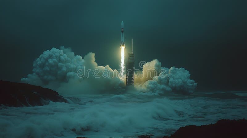 Rocket Launching from Ocean Platform at Night Stock Illustration ...