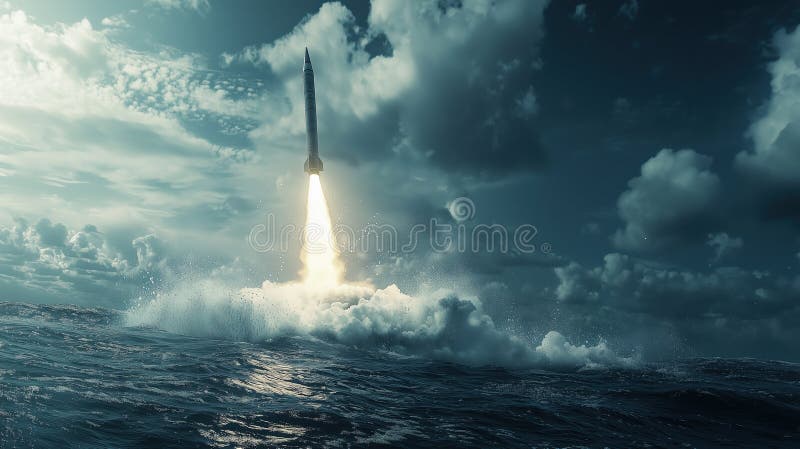 Rocket Launching from Ocean Surface Against Dramatic Cloudy Sky with ...