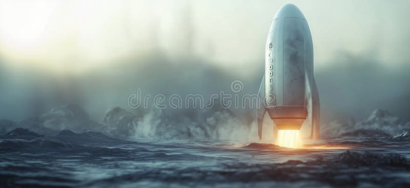 Rocket Launching from Ocean Surface, Dramatic Scene with Mist and Waves ...