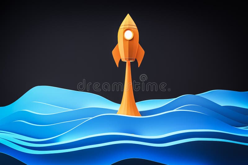 Rocket Launching Off Creative Dark Wavy Backdrop. Startup and Launch ...