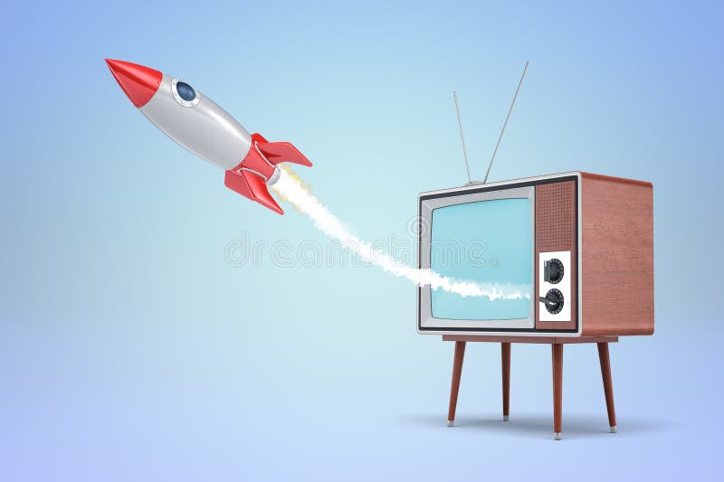 Rocket Launching from Old-fashioned TV on Blue Background Stock ...