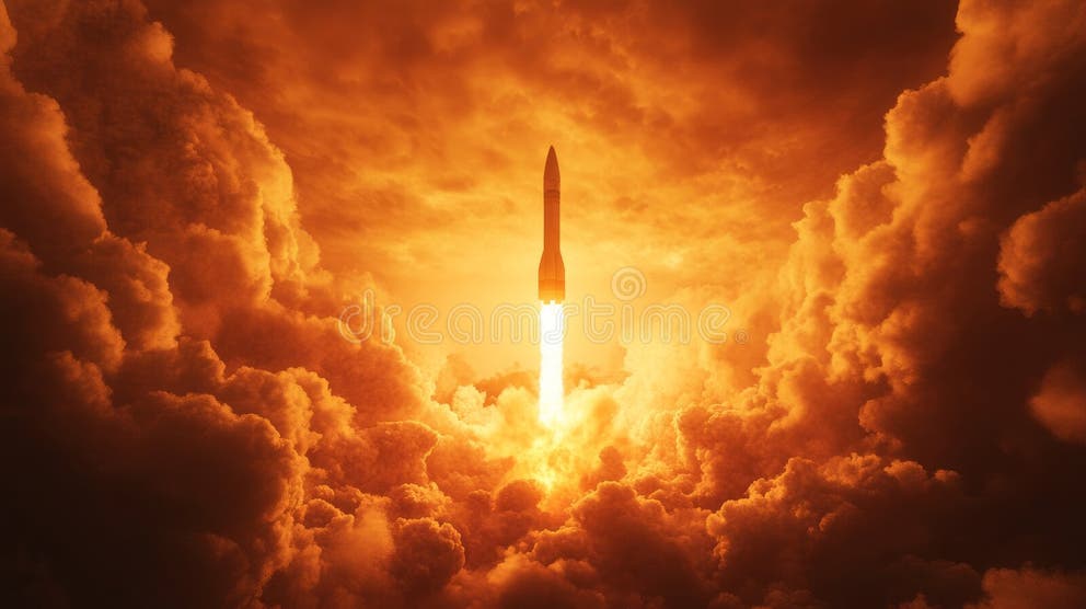 Rocket Launching through Orange Clouds at Sunset, Space Exploration and ...