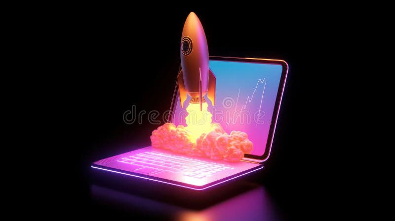 Rocket Launching Out of a Laptop Screen with Neon Lights and Digital ...